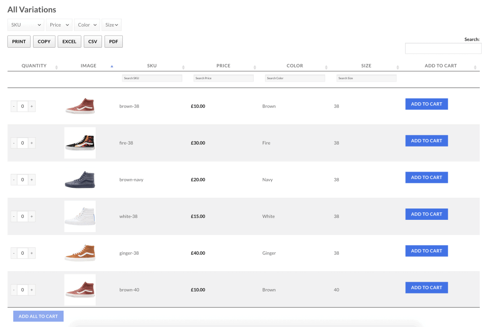 Tabla de variaciones de WooCommerce - weLaunch